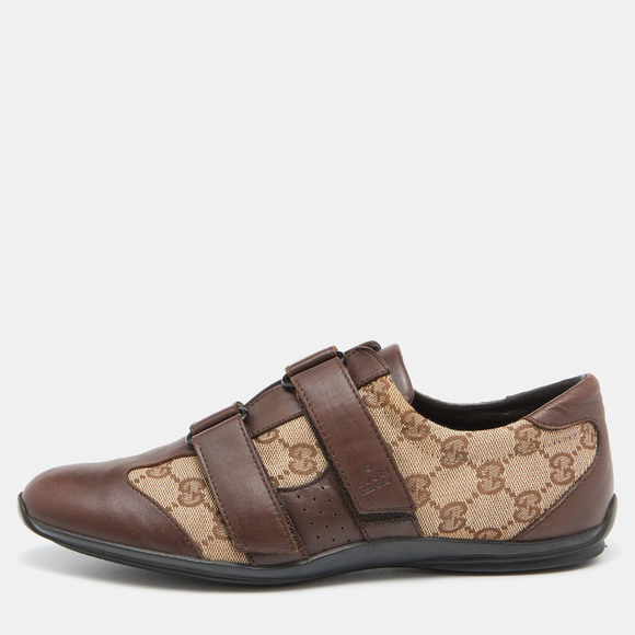 Gucci | Shoes | Gucci Brownbeige Gg Canvas And Leather Double Velcro ...